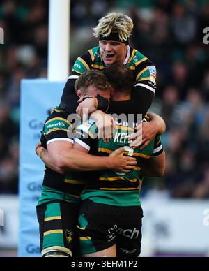 Northampton Saints' Henry Pollock celebrates his side's sixth and ...