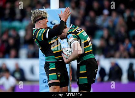 Northampton Saints' Henry Pollock celebrates with the trophy after ...