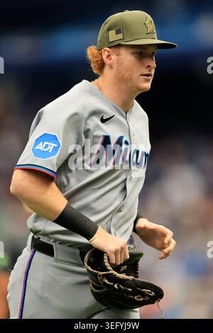 Miami Marlins' Owen Caissie (17) reacts after the Marlins defeated the ...