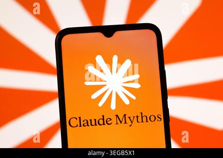 In this photo illustration, a Claude Mythos logo is seen on a ...