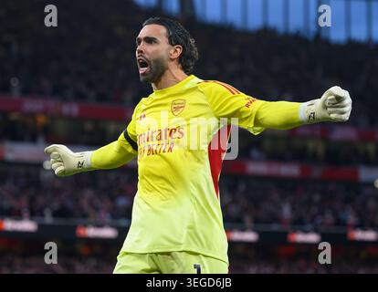 Arsenal goalkeeper David Raya celebrates after the Premier League match ...