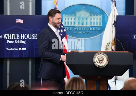 Vice President JD Vance arrives for a press briefing at the White House ...