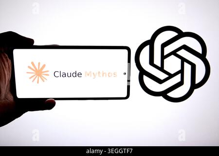 In this photo illustration, a Claude Mythos logo is seen on a ...