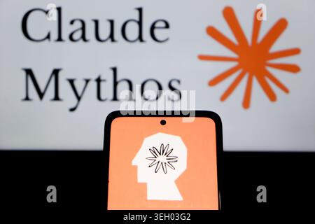 In this photo illustration, a Claude Mythos logo is seen on a ...
