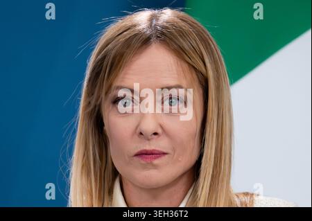 Italy's Prime Minister Giorgia Meloni looks on ahead of a working ...