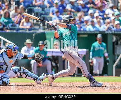 Seattle Mariners' Colt Emerson hits during the sixth inning of a ...