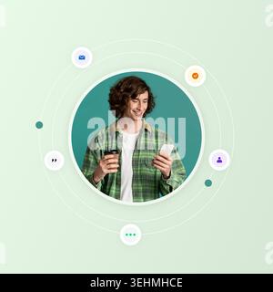 Digital icons and man with cup of coffee and mobile phone near window ...