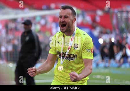 James Belshaw of Notts County celebrates with the trophy during the Sky ...