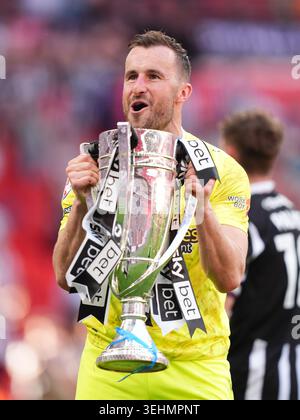 James Belshaw of Notts County celebrates with the trophy during the Sky ...