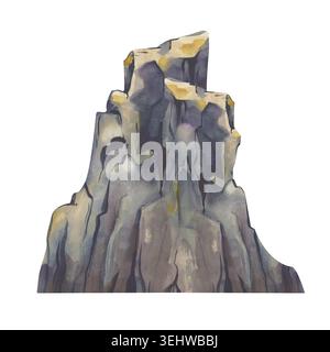 A hand-drawn watercolor illustration of a steep rocky cliff surrounded ...