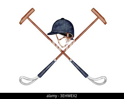 Watercolor illustration of a polo mallet and a helmet. Hand-drawn polo ...