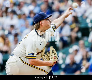 Milwaukee Brewers pitcher Kyle Harrison delivers to an Atlanta Braves ...