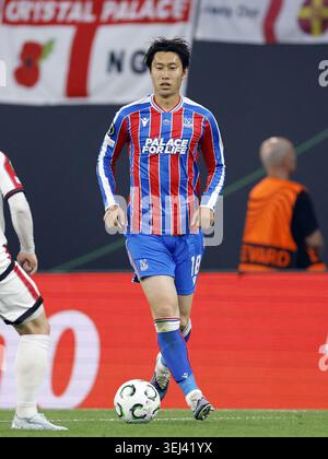 Daichi Kamada of Crystal Palace FC holds the trophy during the award ...