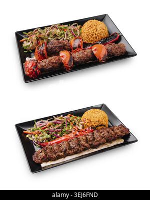 Grilled kebabs with vegetables and rice served on a plate Stock Photo ...