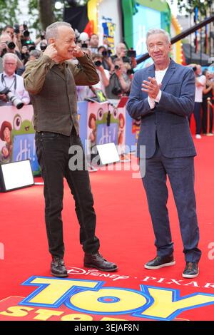 Tom Hanks (left) and Tim Allen at a launch event for Toy Story 5, at ...