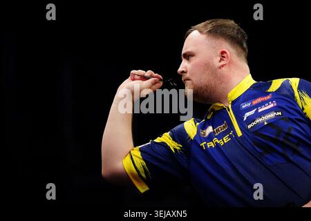 Luke Littler in his semi-final match against Gerwyn Price during the ...