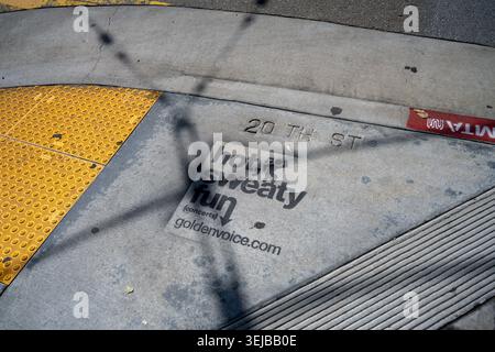 Sidewalk corner at 20th Street with yellow tactile paving, Muni curb ...