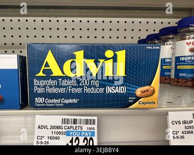 Close-up of Advil brand ibuprofen tablets on a store shelf in Lafayette ...