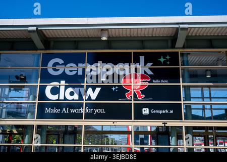 Exterior advertising banner for Genspark Claw AI service on glass ...