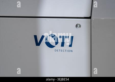 Close up of Voti Detection logo on security screening equipment, San ...