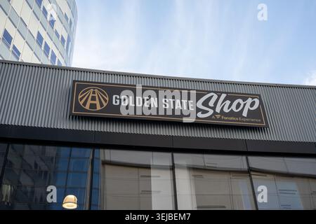 Golden State Shop sign on corrugated metal building exterior on a clear ...