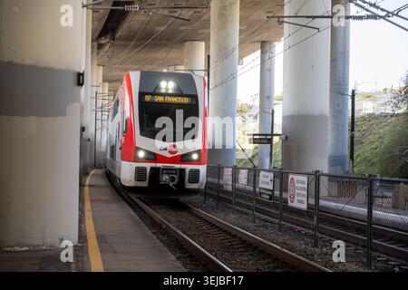Caltrain electric train at a station in San Francisco, California ...