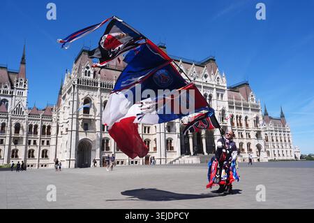 A PSG fan outside the Hungarian Parliament Building in Budapest ahead ...