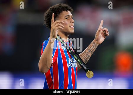 Rio Cardines of Crystal Palace FC lifts the trophy during the award ...