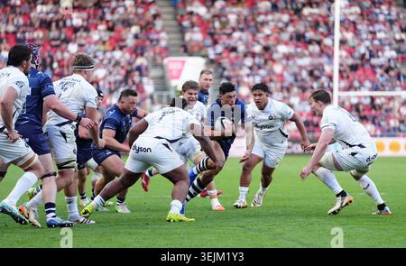 Bristol Bears' Louis Rees-Zammit is tackled by Bath's Ben Spencer ...