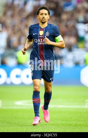 Paris Saint-Germain defender Marquinhos (5) lifts the trophy during the ...