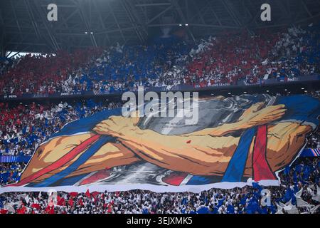 Fans of Arsenal FC display a giant tifo prior to the UEFA Champions ...