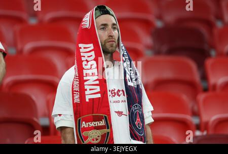 Dejected Arsenal fan after the Paris Saint-Germain v Arsenal UEFA ...