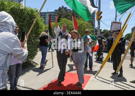 Toronto, Canada. 31st May, 2026. Pro-Palestine protester speaks at ...