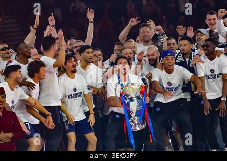 Paris, France, 31 May 2026 – Paris Saint-Germain players celebrate ...