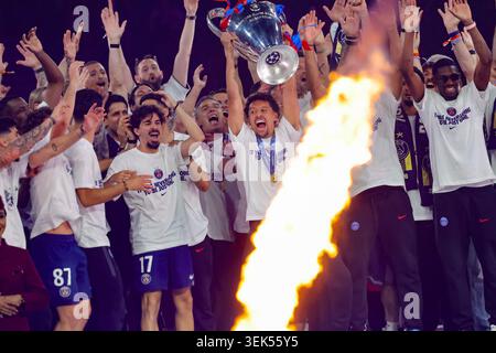 Paris, France, 31 May 2026 – Paris Saint-Germain players celebrate ...