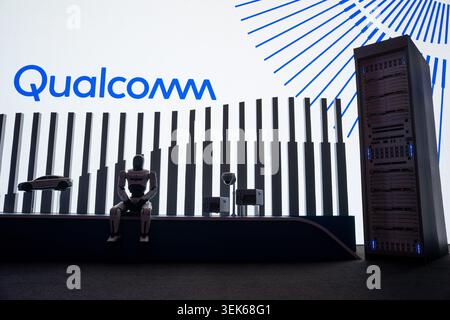 The Qualcomm Dragonfly data server on stage during a keynote by the ...