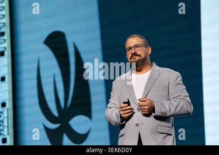 The Qualcomm Dragonfly data server on stage during a keynote by the ...