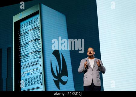 The Qualcomm Dragonfly data server on stage during a keynote by the ...