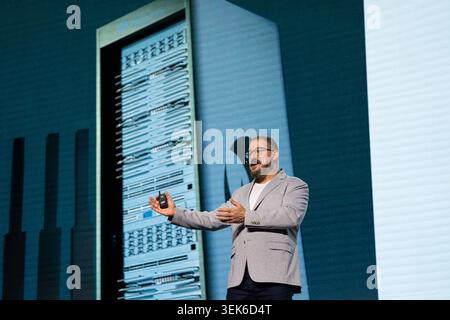 The Qualcomm Dragonfly data server on stage during a keynote by the ...