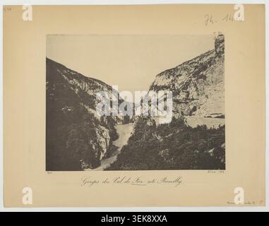 A monochrome photograph records the Gorges de la Bourne in France in ...