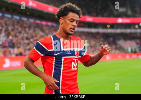 Oslo 20260601. Oscar Bobb during the men's international football match ...
