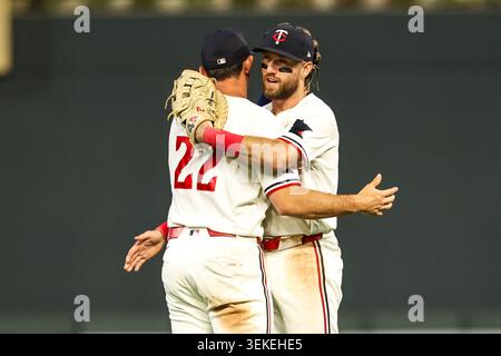 Minnesota Twins third baseman Brooks Lee makes the off balance throw on ...