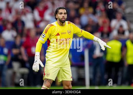 David Raya of Arsenal FC gestures during the UEFA Champions League 2025 ...