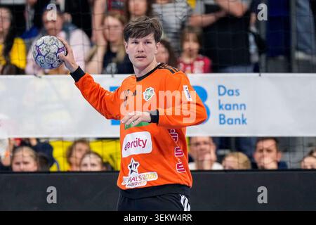 Simon Gade (goalkeeper, Die Recken, 16), in possession of the ball ...