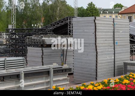 Temporary stage structure and lighting rig set up in a city square for ...