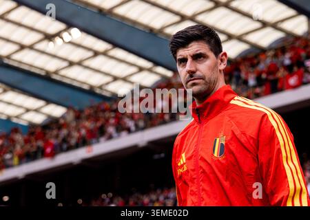Belgium goalkeeper Thibaut Courtois (1) walks during a break during the ...