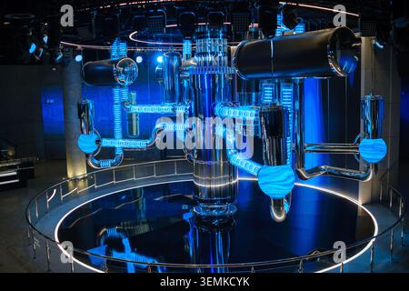 Water-to-water power reactor model featuring metallic pipes and blue ...