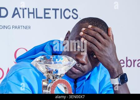Oslo 20260609. Emmanuel Wanyoni (Kenya) at a press conference before ...