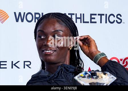 Oslo 20260609. Julien Alfred at a press conference before the Bislett ...
