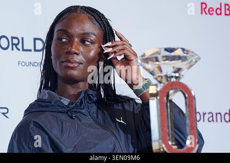 Oslo 20260609. Julien Alfred at a press conference before the Bislett ...